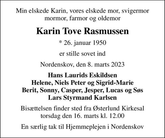 Karin Tove Rasmussen | Dødsannoncer i Danmark