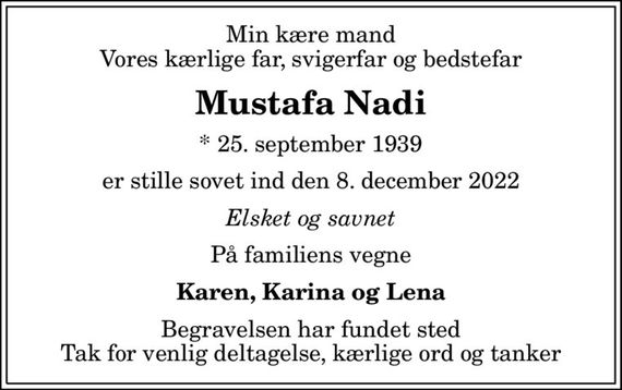 Mustafa Darwish Mustafa Nadi | Dødsannoncer i Danmark