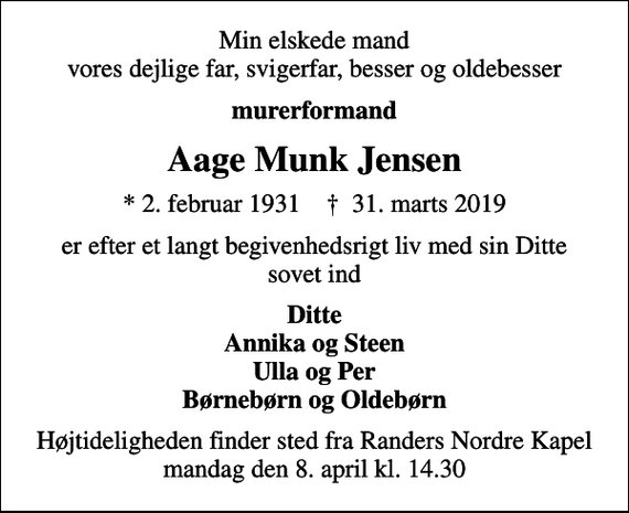Aage Munk Jensen | Dødsannoncer i Danmark