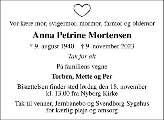 Anna Petrine Mortensen | Dødsannoncer i Danmark