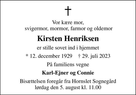 Kirsten Henriksen | Dødsannoncer i Danmark