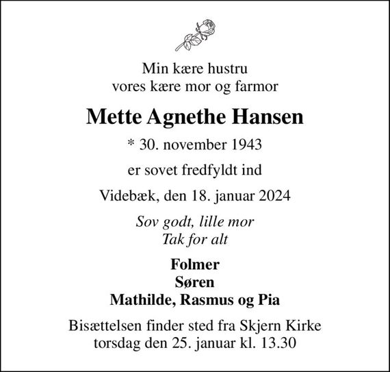 Mette Agnethe Hansen | Dødsannoncer i Danmark