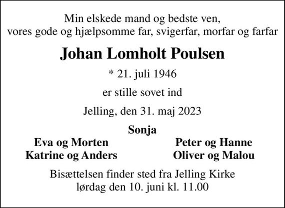 Johan Lomholt Poulsen | Dødsannoncer i Danmark