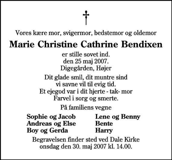 Marie Christine Cathrine Bendixen | Dødsannoncer i Danmark