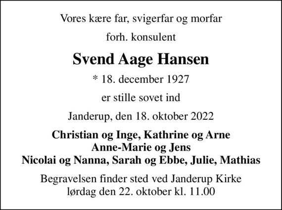 Svend Aage Hansen | Dødsannoncer i Danmark