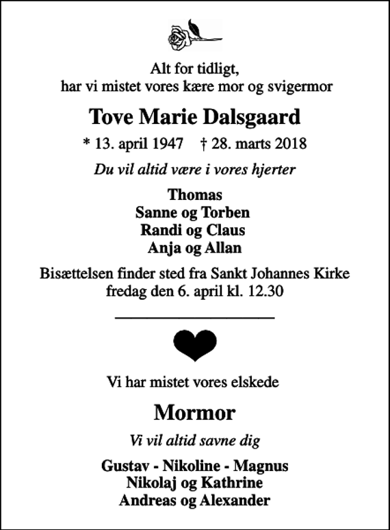 Tove Marie Dalsgaard | Dødsannoncer i Danmark