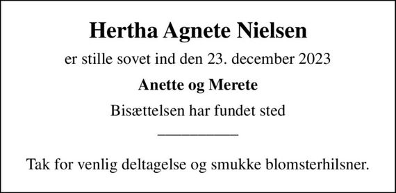 Hertha Agnete Nielsen | Dødsannoncer i Danmark