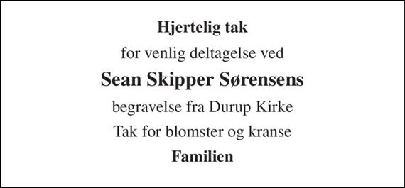 Sean Skipper Sørensen | Dødsannoncer i Danmark