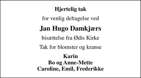 Jan Hugo Damkjær | Dødsannoncer i Danmark