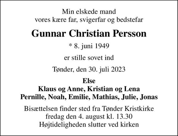 Gunnar Christian Persson | Dødsannoncer i Danmark