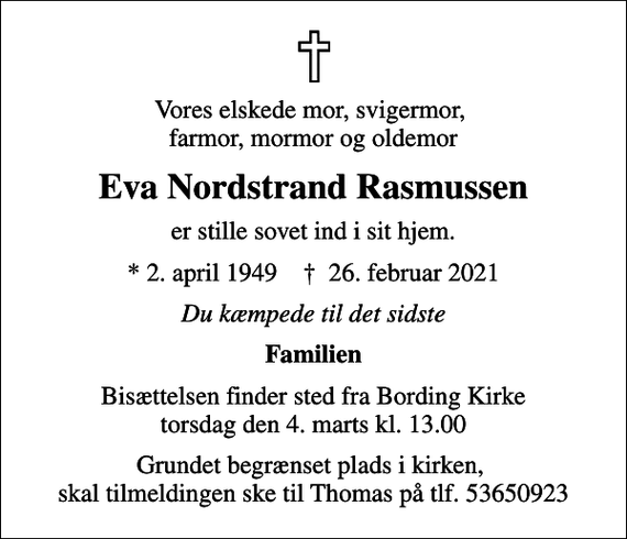 Eva Nordstrand Rasmussen | Dødsannoncer i Danmark