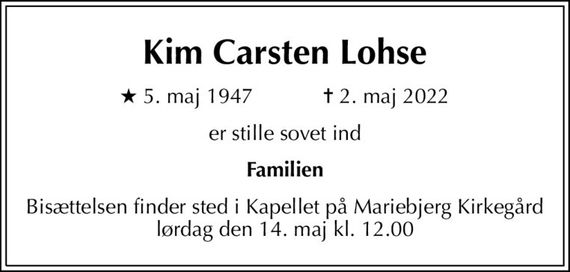 Kim Carsten Lohse | Dødsannoncer i Danmark