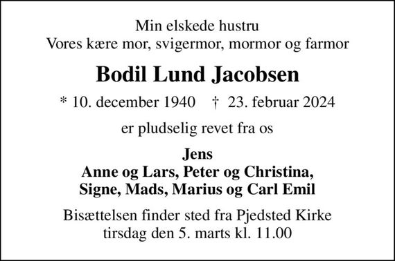 Bodil Lund Jacobsen | Dødsannoncer i Danmark