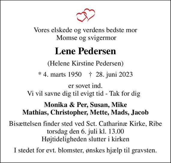 Lene Kirstine Pedersen | Dødsannoncer i Danmark