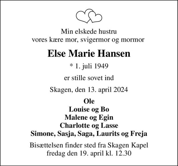 Else Marie Hansen | Dødsannoncer i Danmark