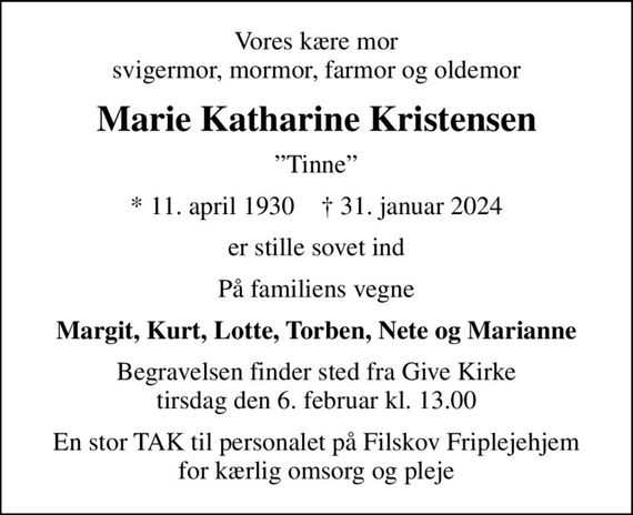 Marie Katharine Kristensen | Dødsannoncer i Danmark