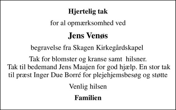 Jens Pedersen Venø | Dødsannoncer i Danmark