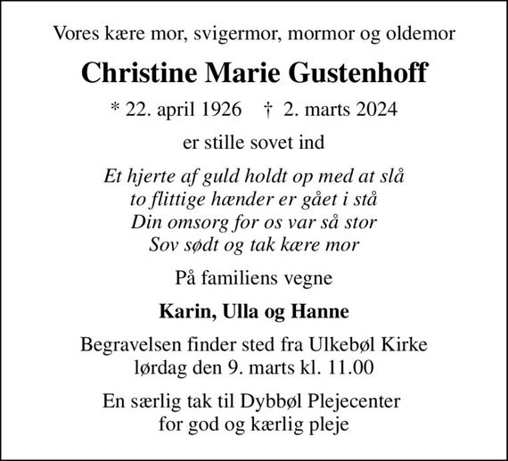 Christine Marie Gustenhoff | Dødsannoncer i Danmark