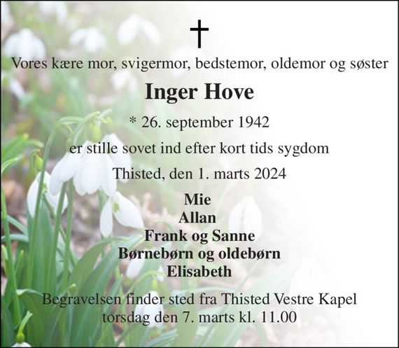 Inger Hove | Dødsannoncer i Danmark