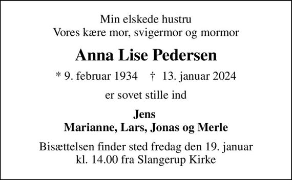 Anna Lise Pedersen | Dødsannoncer i Danmark