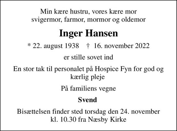 Inger Margrethe Fast Hansen | Dødsannoncer i Danmark