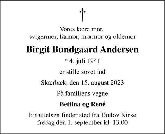Birgit Bundgaard Andersen | Dødsannoncer i Danmark