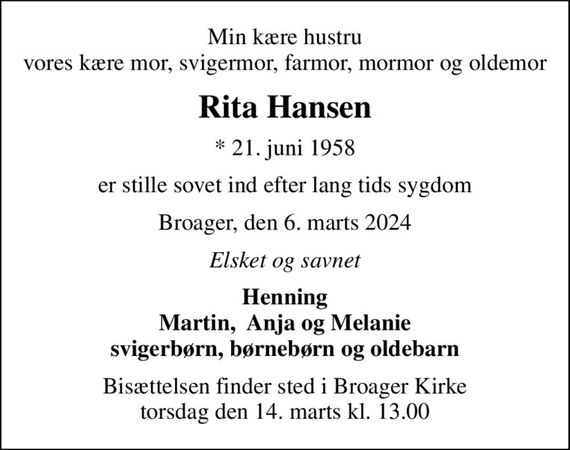 Rita Hansen | Dødsannoncer i Danmark