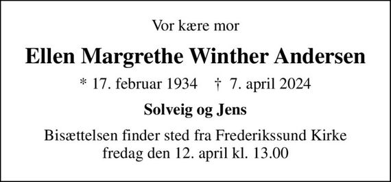 Ellen Margrethe Winther Andersen | Dødsannoncer i Danmark