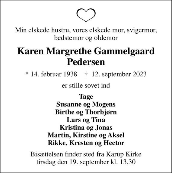 Karen Margrethe Gammelgaard Pedersen | Dødsannoncer i Danmark