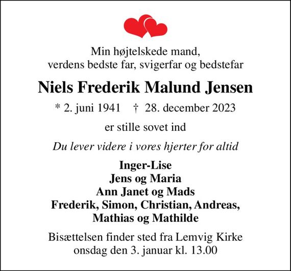 Niels Frederik Malund Jensen | Dødsannoncer i Danmark