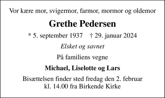 Grethe Pedersen | Dødsannoncer i Danmark
