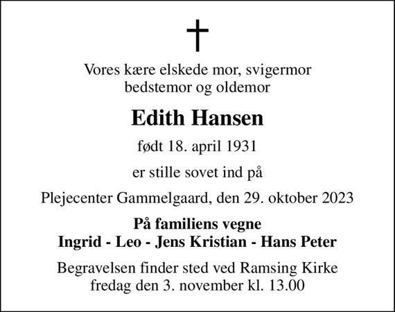 Edith Hansen | Dødsannoncer i Danmark