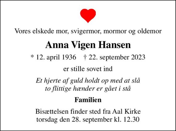 Anna Vigen Hansen | Dødsannoncer i Danmark