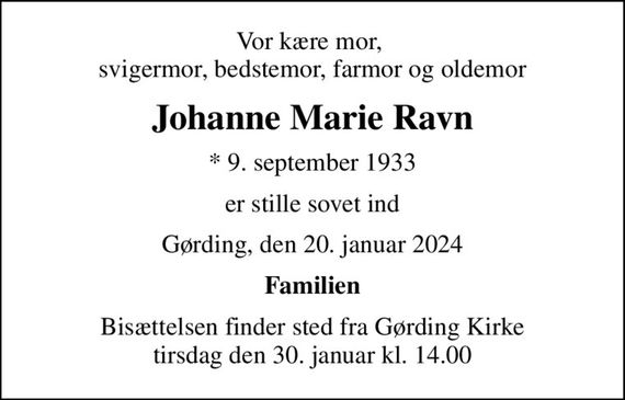 Johanne Marie Ravn | Dødsannoncer i Danmark