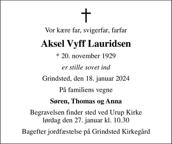 Aksel Vyff Lauridsen | Dødsannoncer i Danmark