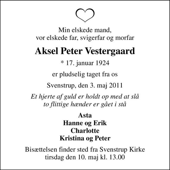 Aksel Peter Vestergaard | Dødsannoncer i Danmark