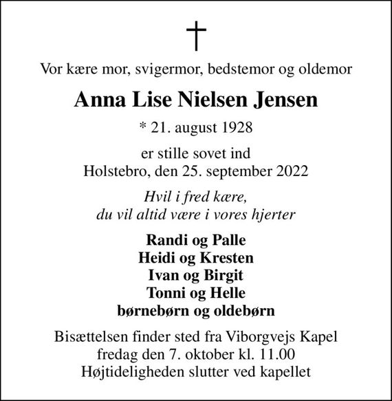 Anna Lise Nielsen Jensen | Dødsannoncer i Danmark Anna Lise Nielsen Jensen | Dødsannoncer i Danmark