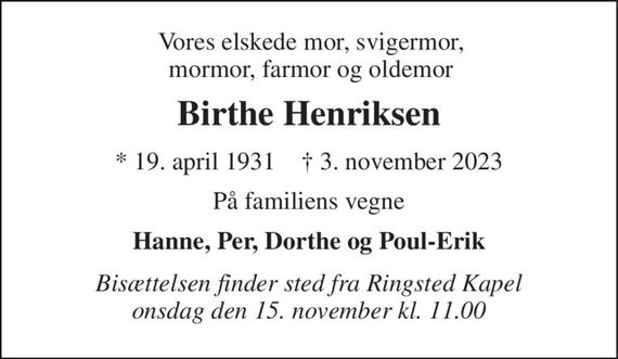 Birthe Hansigne Henriksen | Dødsannoncer i Danmark
