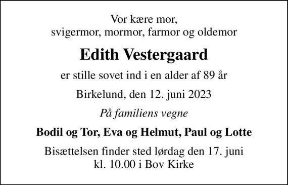 Edith Vestergaard | Dødsannoncer i Danmark