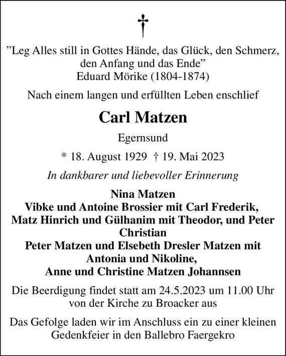Carl Matzen | Dødsannoncer i Danmark