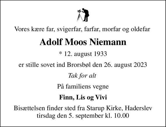 Adolf Moos Niemann | Dødsannoncer i Danmark