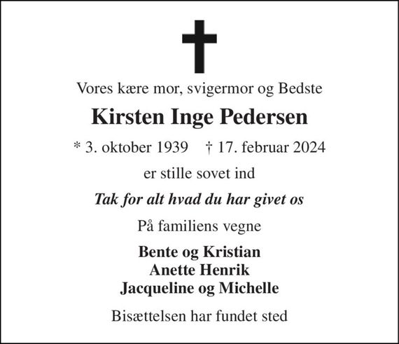 Kirsten Inge Pedersen | Dødsannoncer i Danmark