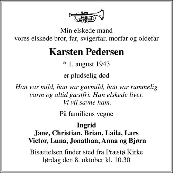 Karsten Pedersen | Dødsannoncer i Danmark