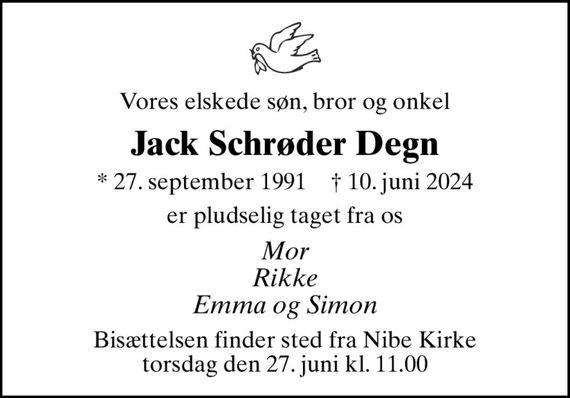 Jack Schrøder Degn | Dødsannoncer i Danmark