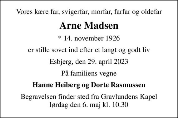 Arne Madsen | Dødsannoncer i Danmark