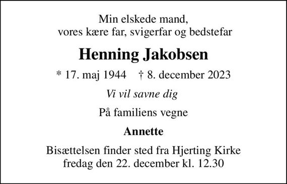 Henning Jakobsen | Dødsannoncer i Danmark