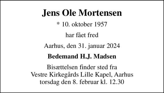 Jens Ole Mortensen | Dødsannoncer i Danmark