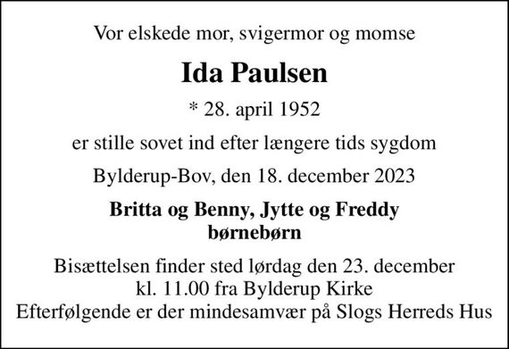 Ida Paulsen | Dødsannoncer i Danmark