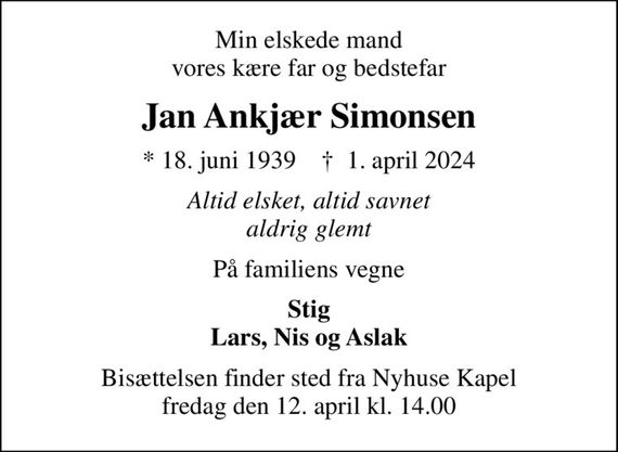 Jan Ankjær Simonsen | Dødsannoncer i Danmark