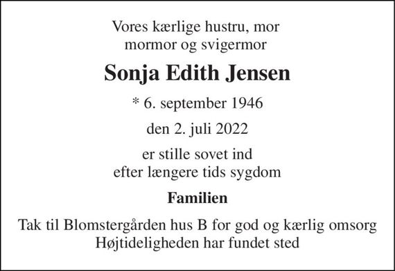 Sonja Edith Jensen | Dødsannoncer i Danmark